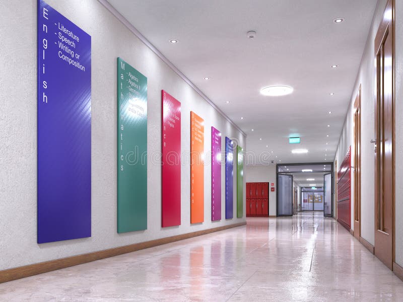 School Hallway with Information Posters on the Wall. Stock Illustration ...