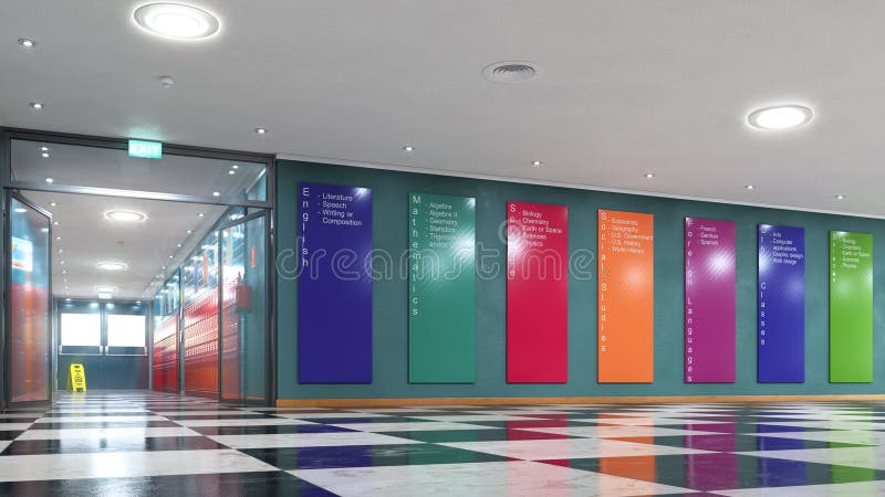 School Hallway with Information Posters on the Wall. Stock Illustration ...