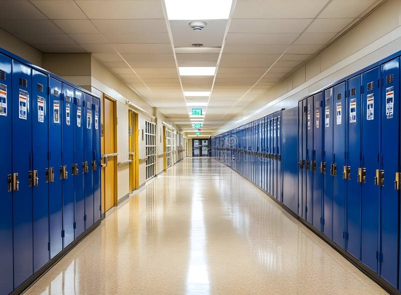 A School Hallway Lined with Blue Lockers and Bright Lighting Stock ...