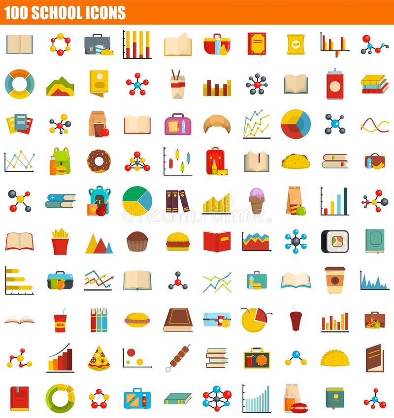 100 School Icon Set, Flat Style Stock Illustration - Illustration of ...
