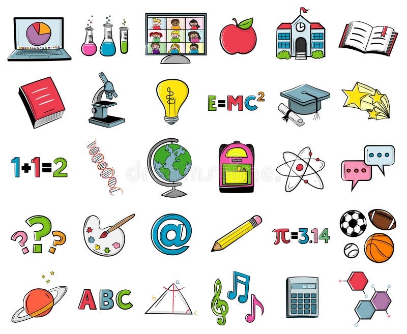 Hand Drawn Drawn School Icons in Color Stock Vector - Illustration of ...