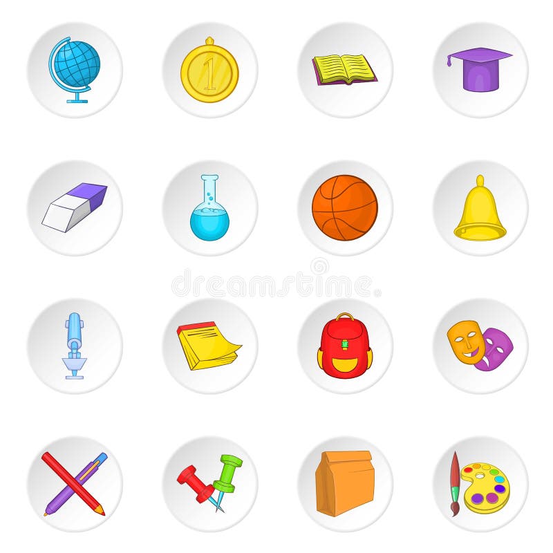 School Icons Set, Cartoon Style Stock Vector - Illustration of ball ...