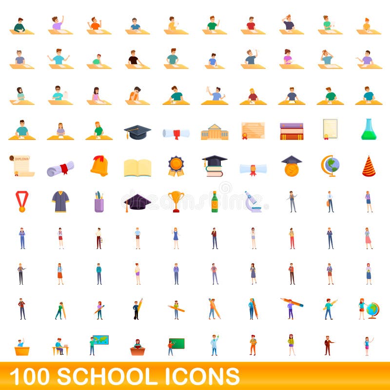 100 School Icons Set, Cartoon Style Stock Vector - Illustration of ...