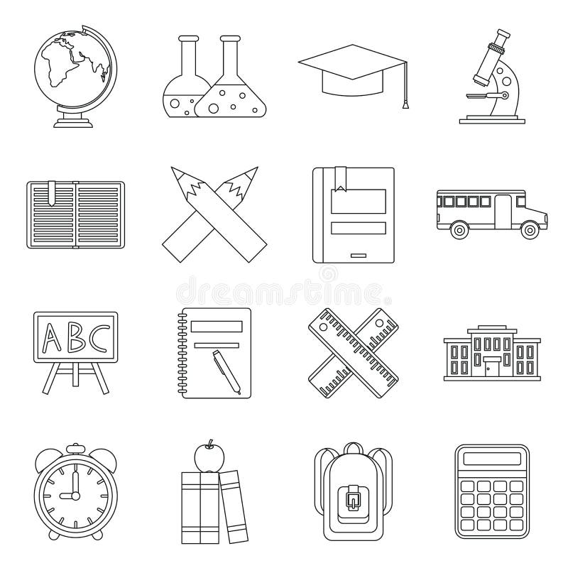 School Icons Set, Outline Ctyle Stock Vector - Illustration of book ...