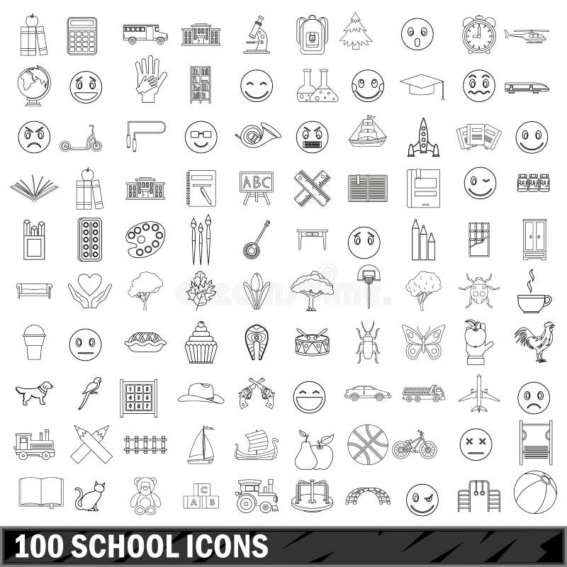 100 School Icons Set, Outline Style Stock Vector - Illustration of ball ...