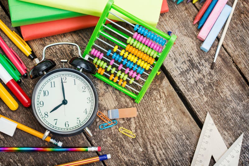 School items, School items on a wooden