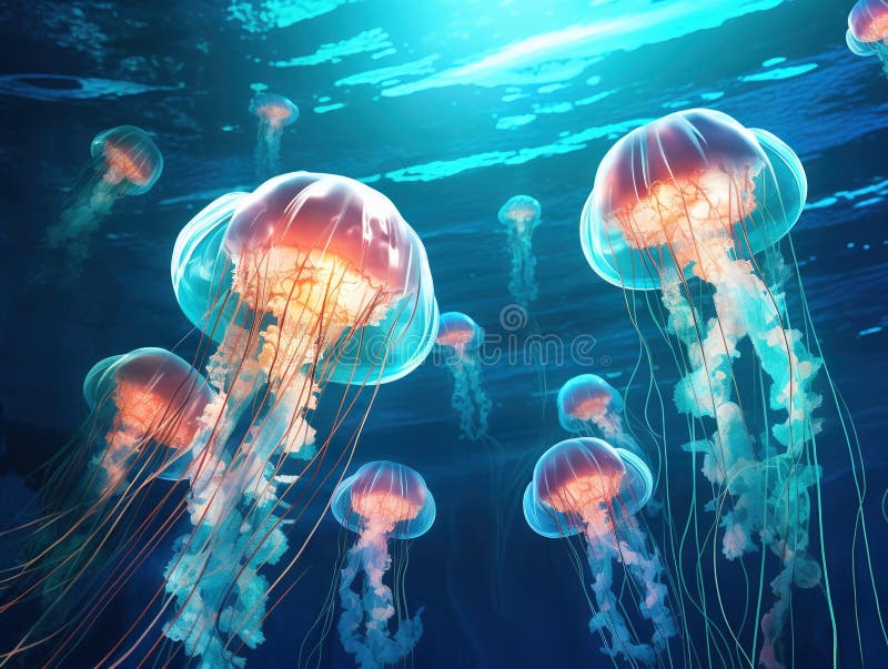 A School of Jellyfish Swimming in Unison Stock Illustration ...