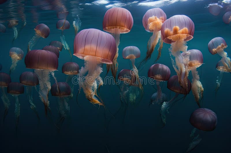 School of Jellyfish Swimming in Formation through the Waters Stock ...