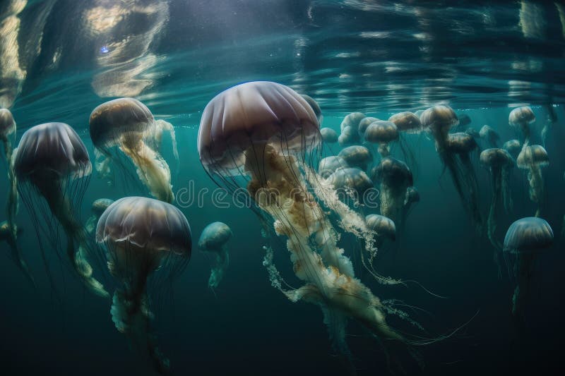 School of Jellyfish Swimming in the Ocean Currents Stock Illustration ...