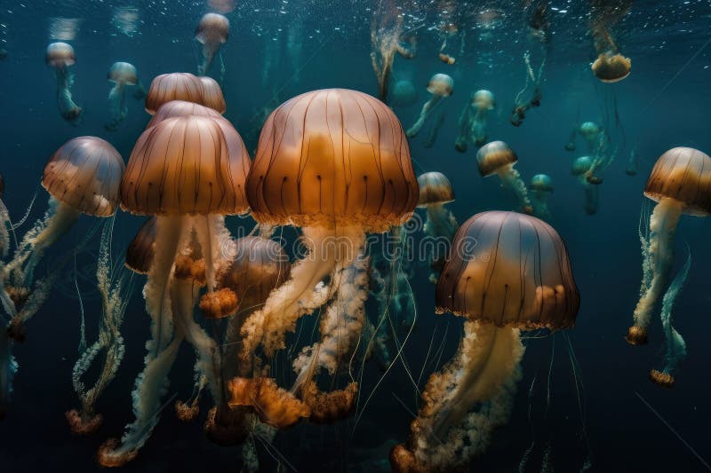 School of Jellyfish Swimming in Synchronized Motion Stock Illustration ...