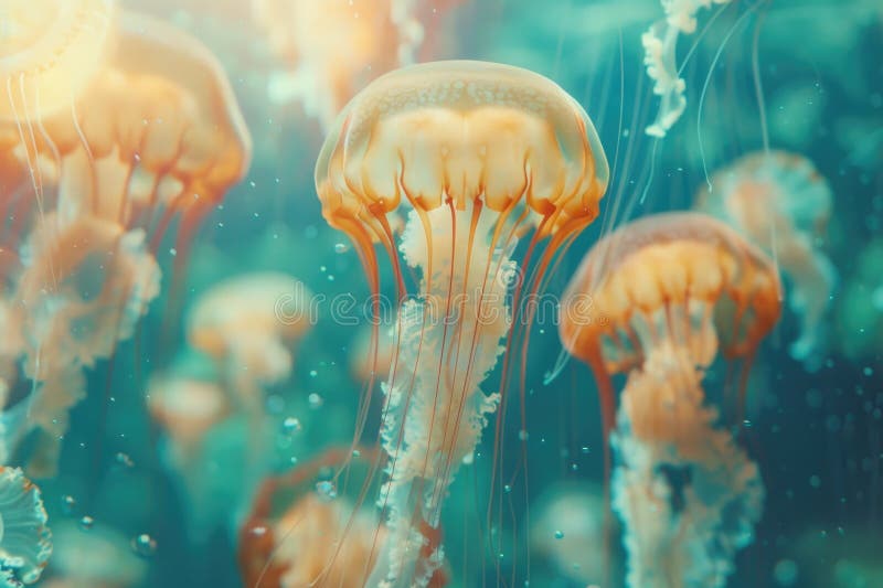 A School of Jellyfish Swimming Together in the Open Ocean Stock Image ...
