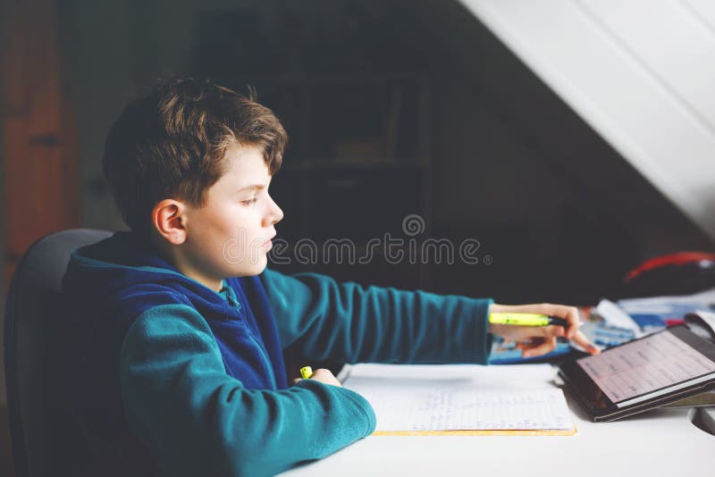 Girl Child Studying at Home Using Digital Tablet Stock Photo - Image of ...
