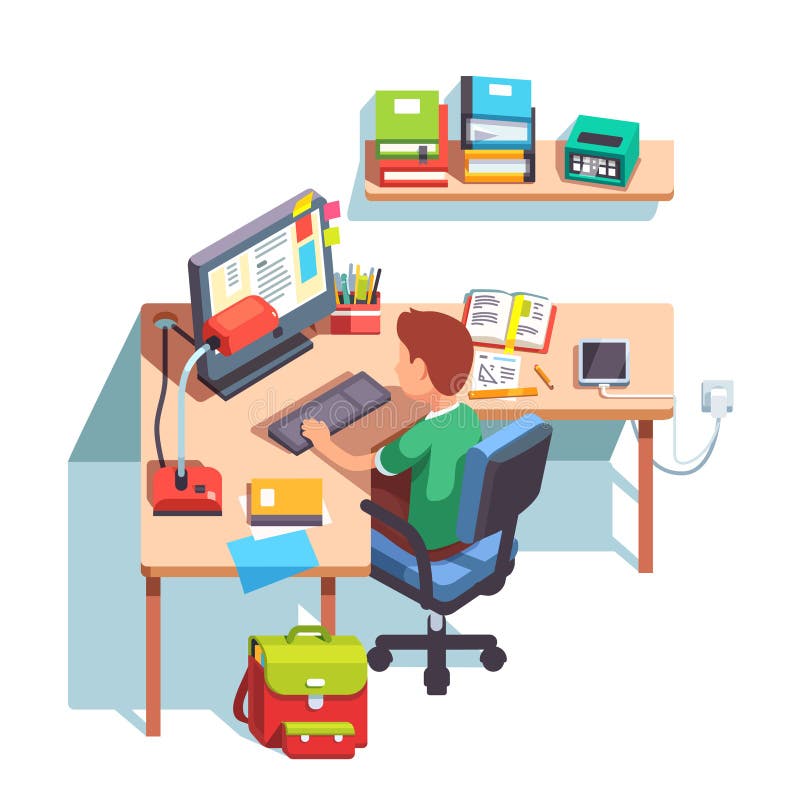 School Kid Boy Studying in Front of the Computer Stock Vector ...