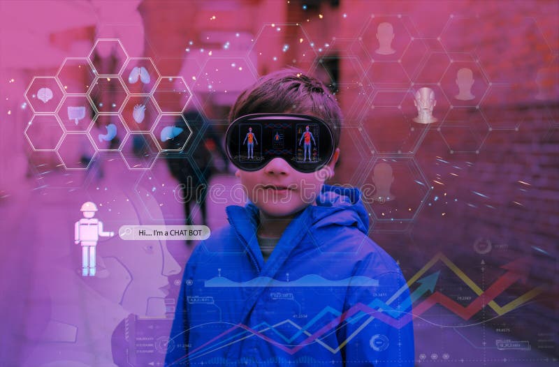 School Kid Boy Wears Virtual Reality Headset Studying Human Body Path ...