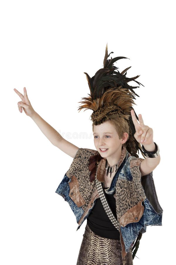 School Kid in Costume Gesturing Peace Sign Over White Background Stock ...