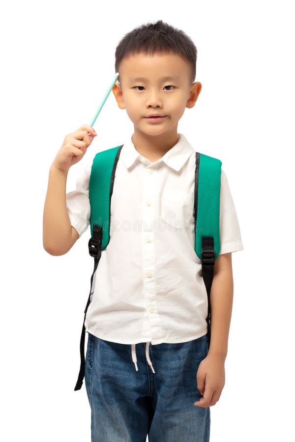 School Kid Thinking and Pencil Pointing To Head with Backpack Stock ...