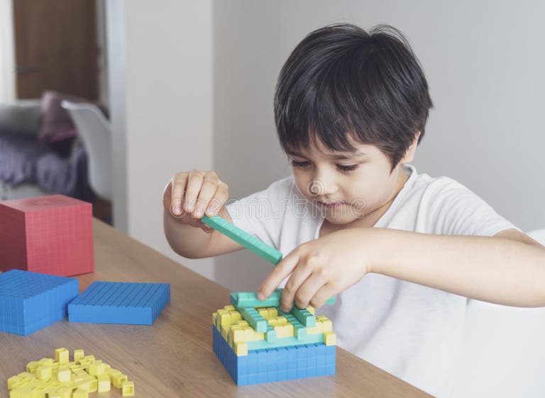 School Kid Using Plastic Block Counting Number, Child Boy Studying Math ...