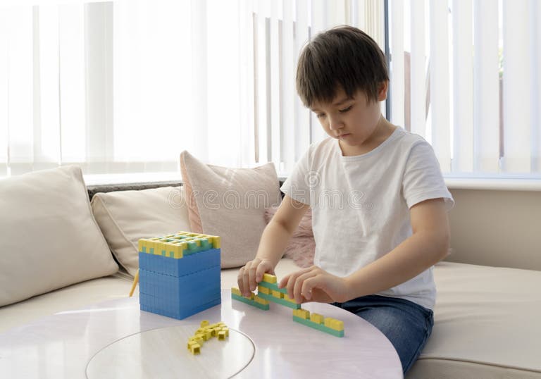 School Kid Using Plastic Block Counting Number,Child Boy Studying Math ...