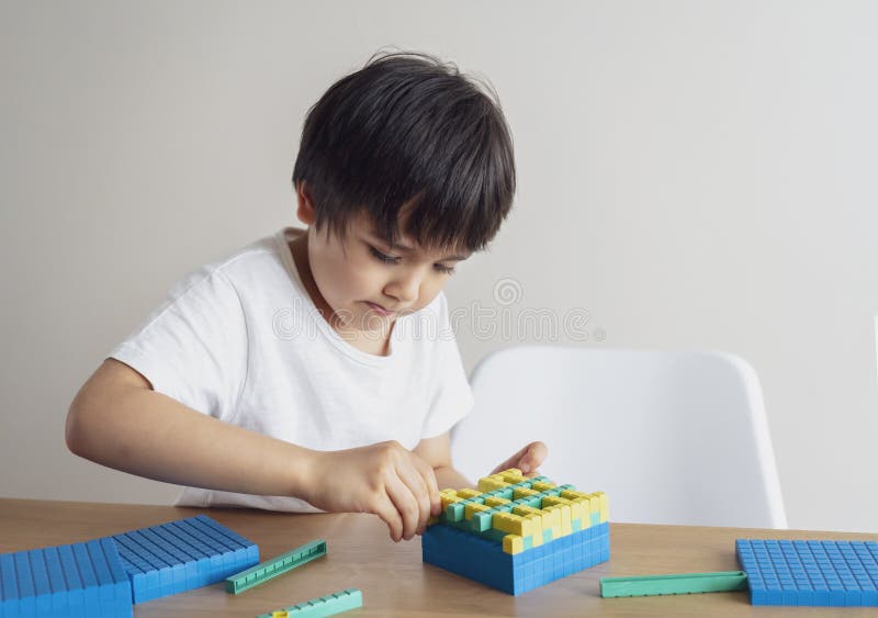 School Kid Using Plastic Block Counting Number,Child Boy Studying Math ...