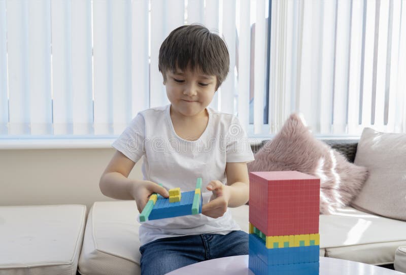 School Kid Using Plastic Block Counting Number,Child Boy Studying Math ...