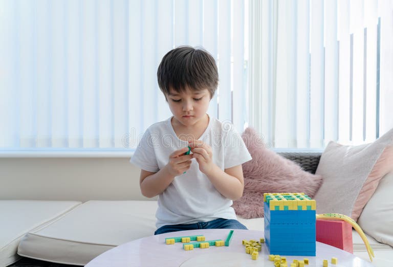 School Kid Using Plastic Block Counting Number,Child Boy Studying Math ...