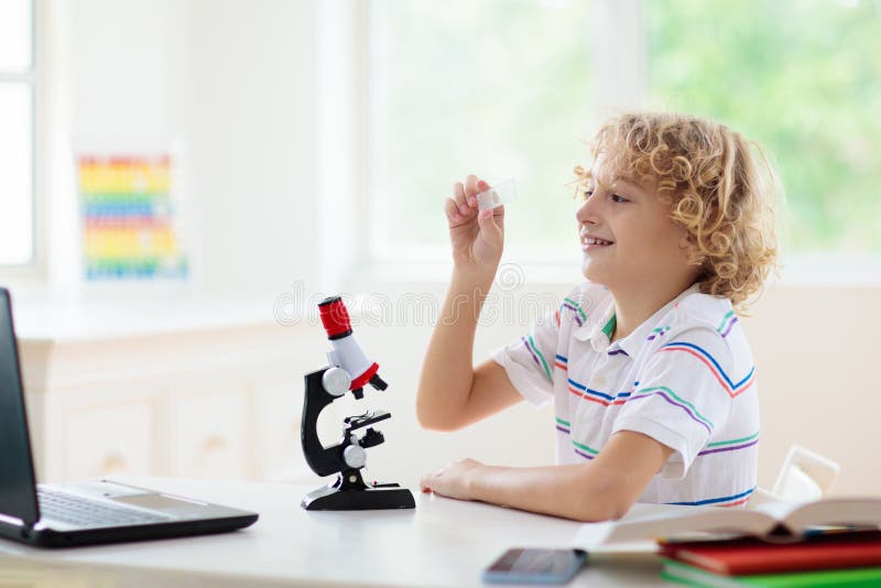 School Kids with Microscope. Science Class Stock Image - Image of ...