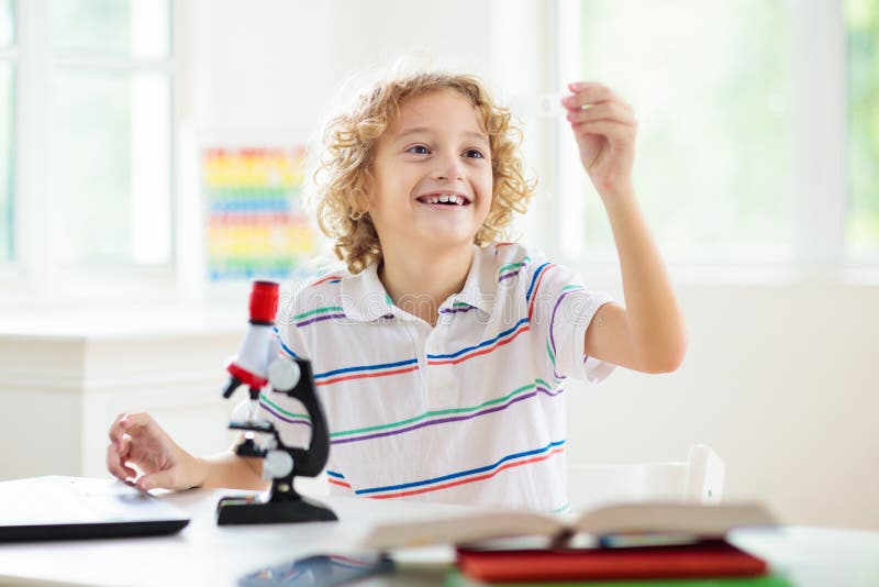 School Kids with Microscope. Science Class Stock Image - Image of ...