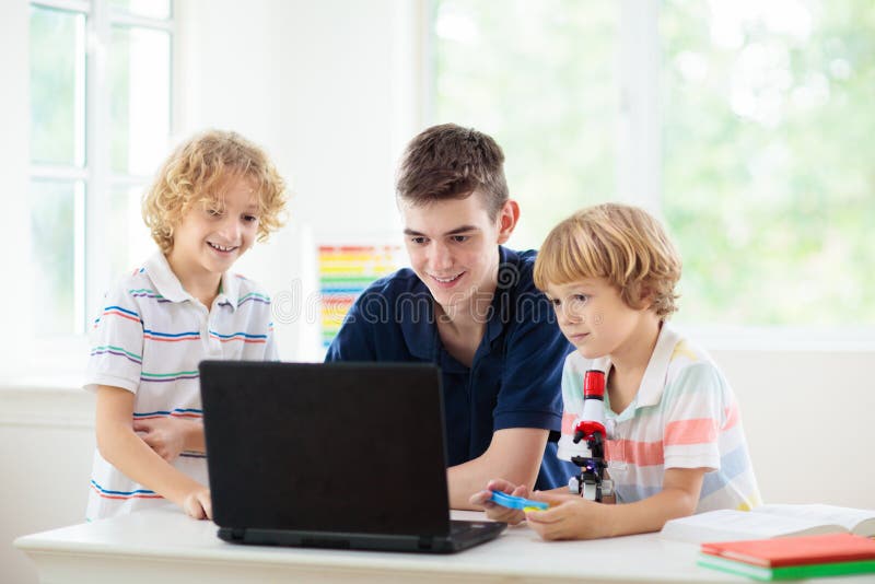 School Kids with Microscope. Science Class Stock Image - Image of ...