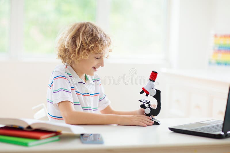 School Kids with Microscope. Science Class Stock Photo - Image of girl ...