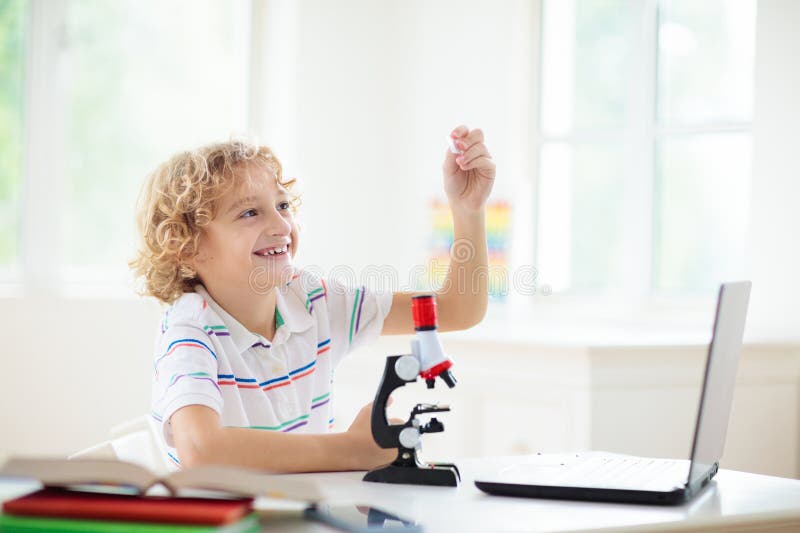 School Kids with Microscope. Science Class Stock Photo - Image of ...