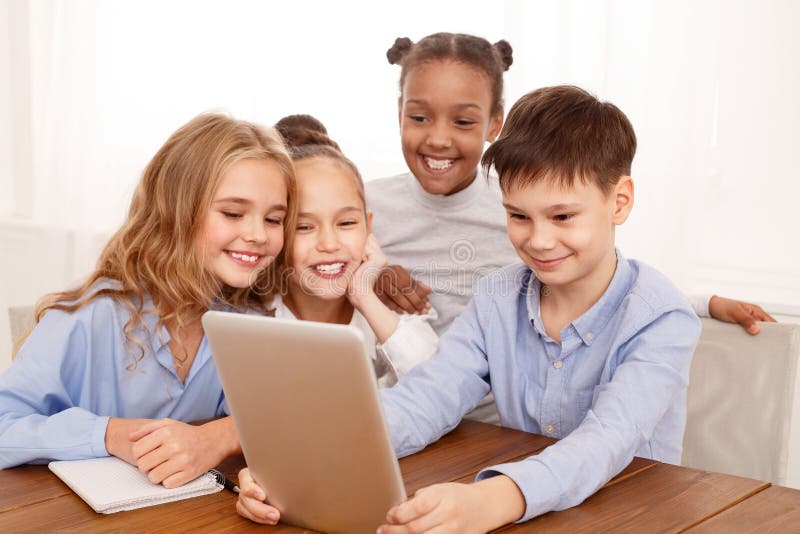 School Kids with Tablet on Break in Classroom Stock Photo - Image of ...