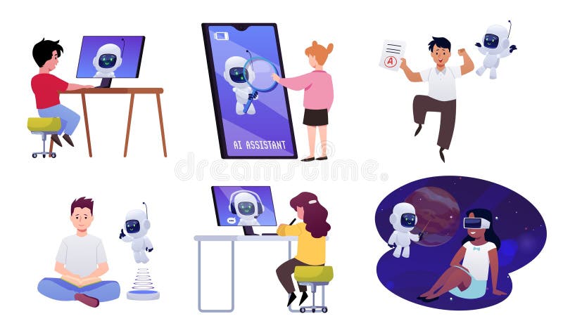 School Kids Studying with Chat Bot, Artificial Intelligence Support ...