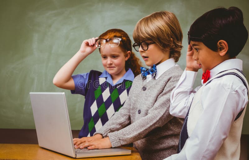 School Kids Using Laptop in Classroom Stock Image - Image of blackboard ...
