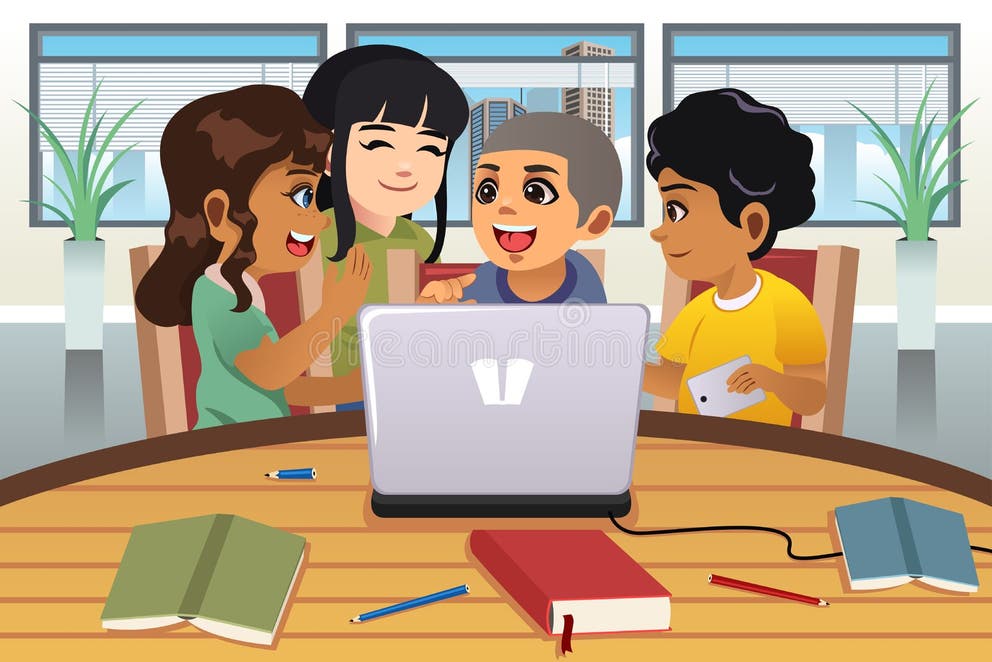 School Kids Working Around a Laptop Computer Stock Vector ...