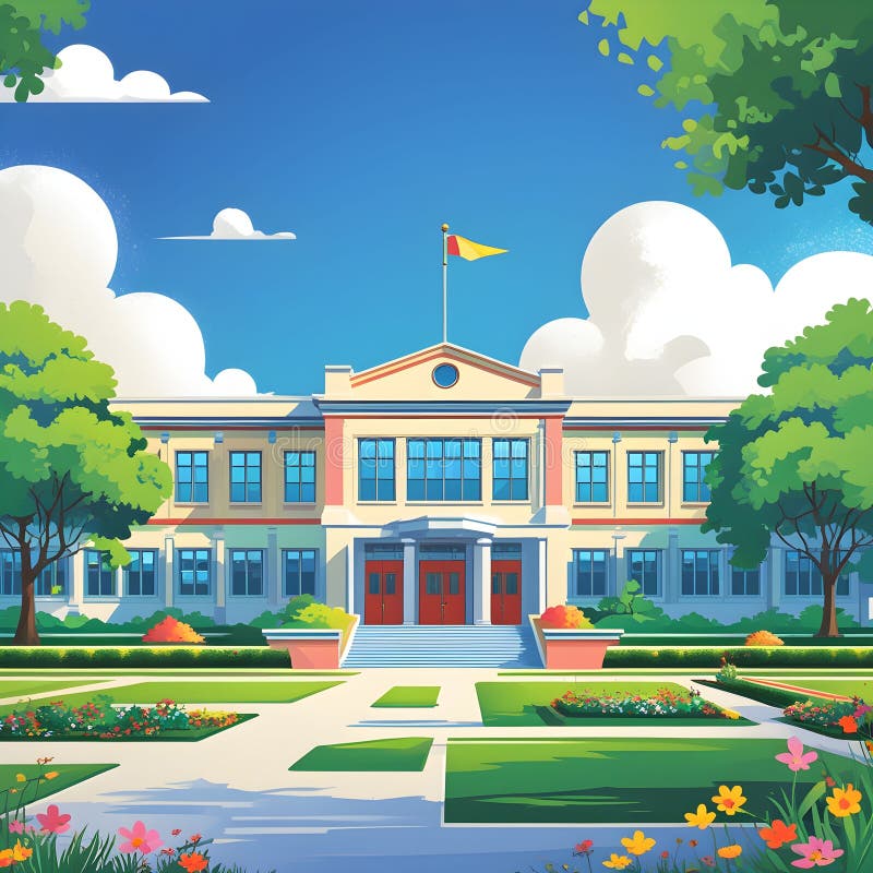School landscape scenery stock illustration. Illustration of blue ...