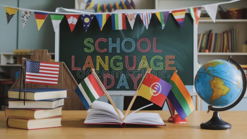 School Language Day Celebration with Educational Symbols and Flags ...