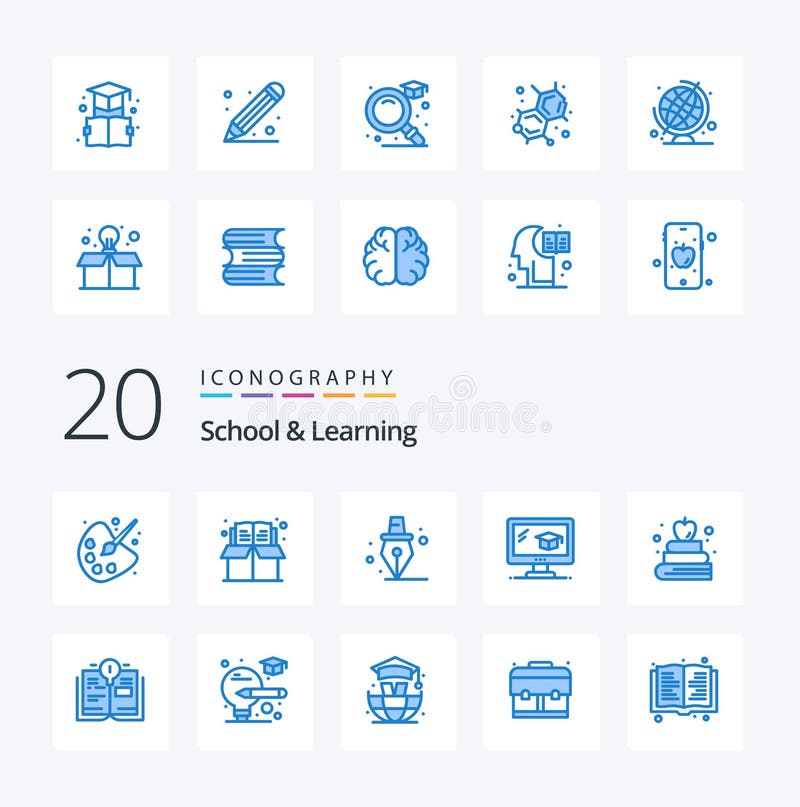 20 School and Learning Blue Color Icon Pack Like Bulb Book Education Apple Cap Stock Vector ...