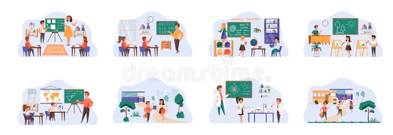 School Learning Bundle of Scenes with Flat People Characters. Pupils ...