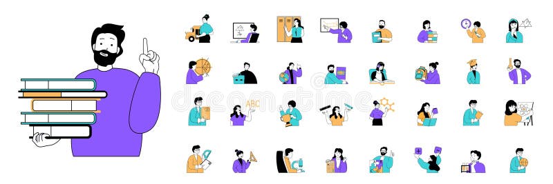 School Learning Concept with Character Situations Mega Set in Flat Web ...