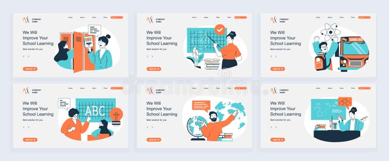 School Learning Concept of Landing Page with Slide Templates Set in ...