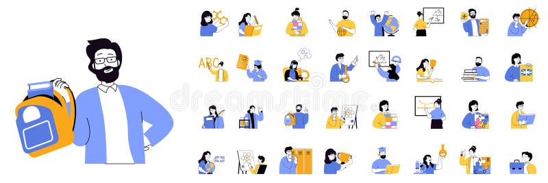 School Learning Concept Mega Set with Character Scenes in Flat Design ...