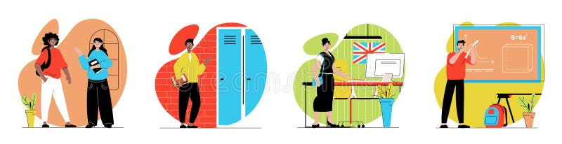 School Learning Concept with People Scenes Set in Flat Web Design ...
