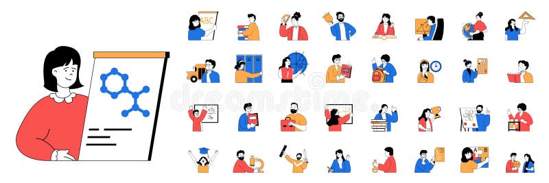 School Learning Concept with People Situations Mega Set in Flat Web ...