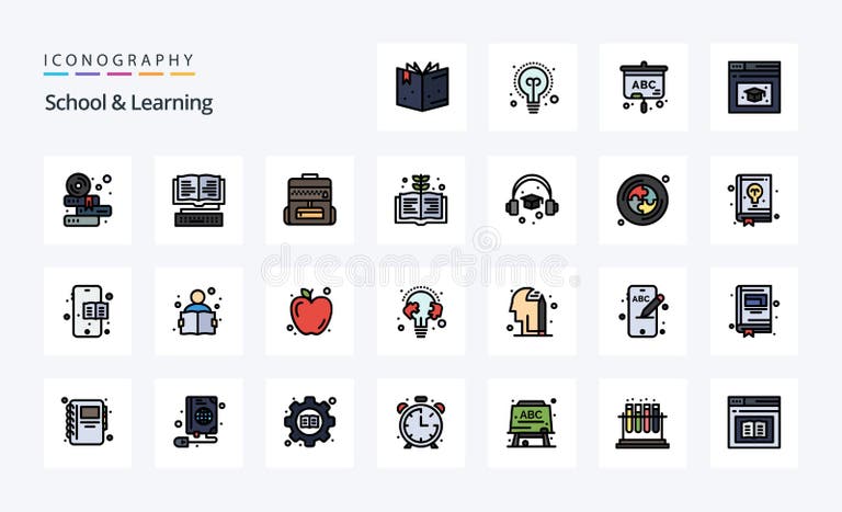 25 School and Learning Line Filled Style Icon Pack Stock Vector ...