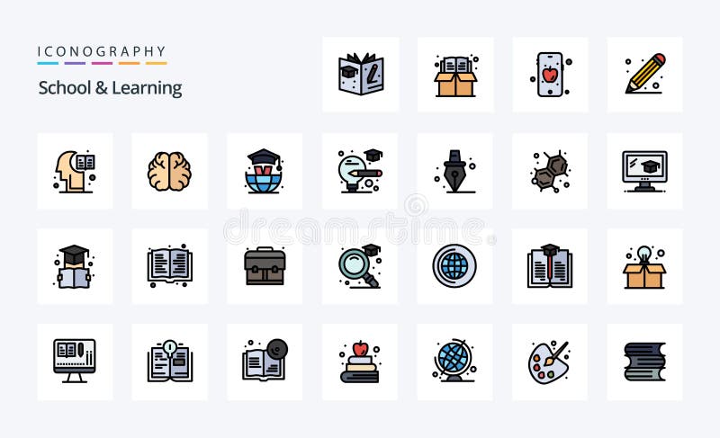 25 School and Learning Line Filled Style Icon Pack. Vector Iconography ...