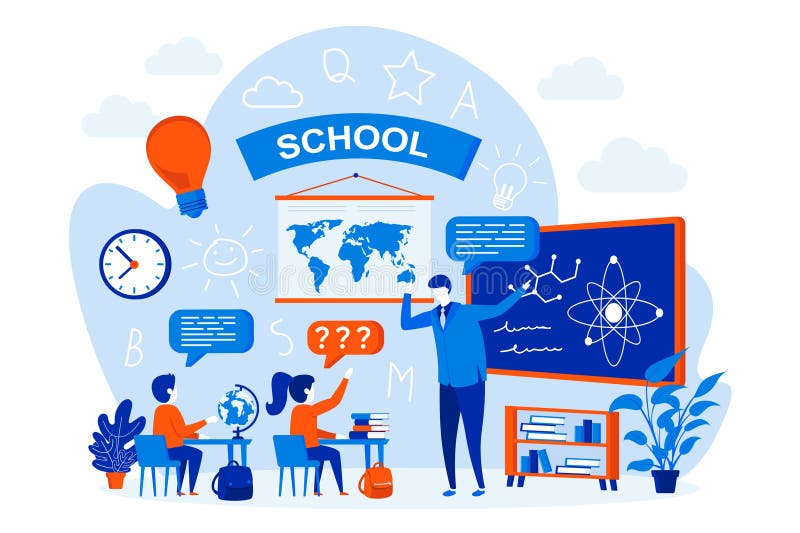 School Learning Web Design Concept with People. Pupils and Teacher in ...