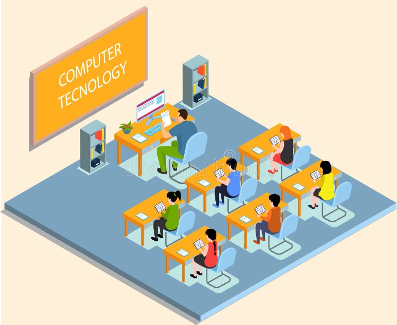 School Lesson Computer Technology. Pupils Studying and Working on ...