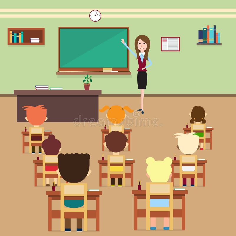 School Lesson Pupils and Teacher in Class Room Interior Stock Vector ...