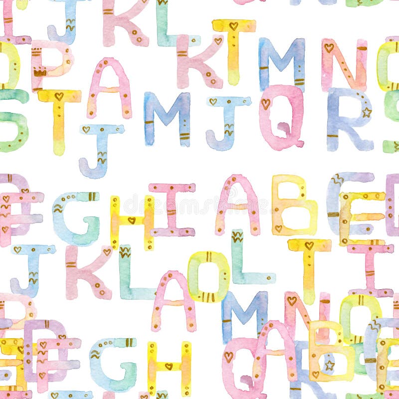 School Letters and Numbers on a White Background. Watercolor Seamless ...