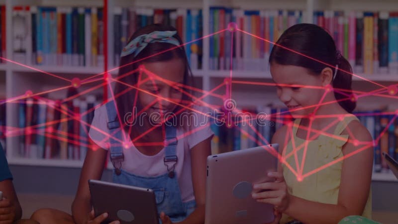 In School Library, Children Using Tablets with Animation of Digital Network Overlay Stock ...